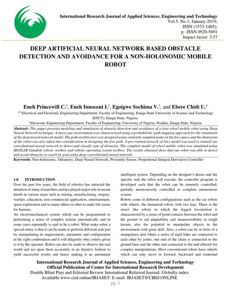 pdf deep artificial neural network based obstacle detection and avoidance for a non holonomic