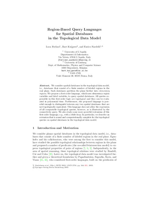 pdf region based query languages for spatial databases in the topological data model enrico