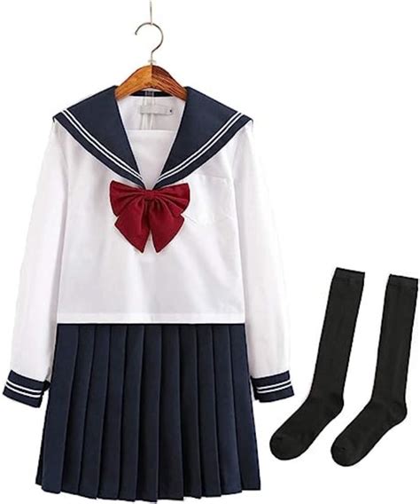 Japanese School Girls Uniform Sailor Navy Blue Pleated Skirt Anime Cosplay Costumes With Socks