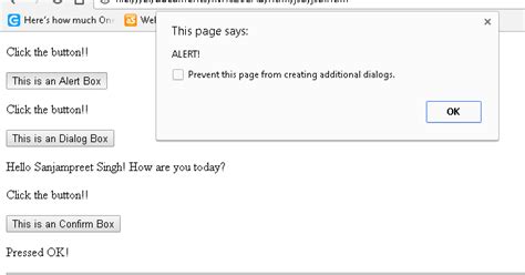 to create an html file to implement alert box confirm box dialog box using javascript