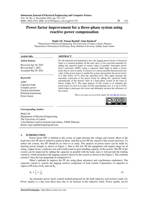 pdf power factor improvement for a three phase system using reactive power compensation