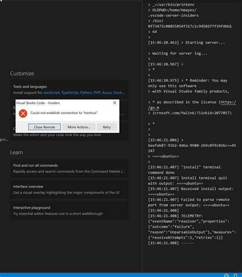 terminal width and failed to parse remote port from server output · issue 1238 · microsoft