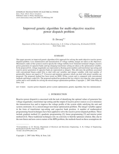 pdf improved genetic algorithm for multi‐objective reactive power dispatch problem
