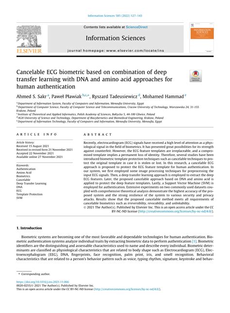 pdf cancelable ecg biometric based on combination of deep transfer learning with dna and amino