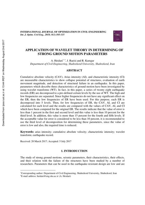 pdf application of wavelet theory in determining of strong ground motion parameters