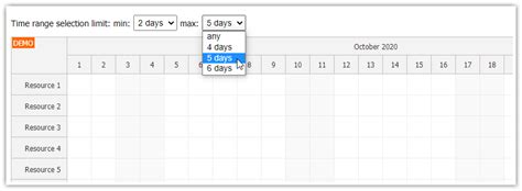 javascript scheduler limit time range selection min max daypilot code