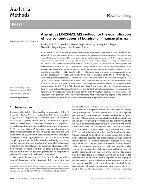 pdf a sensitive lc esi ms ms method for the quantification of low concentrations of buspirone