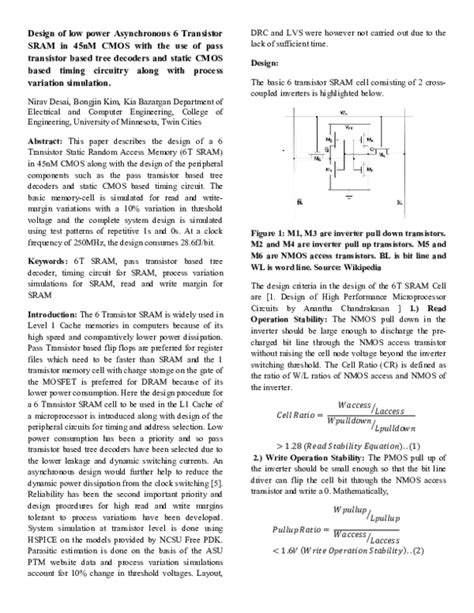 pdf design of low power asynchronous 6 transistor sram in 45nm cmos with the use of pass