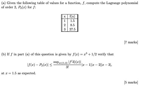 solved a given the following table of values for a