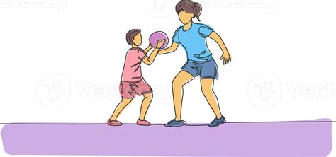 Single Continuous Line Drawing Of Young Mom Playing Basketball Fun With Her Son At Home Field