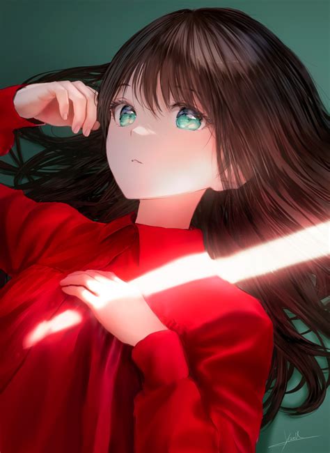 Safebooru 1girl Bangs Blush Brown Hair Collared Shirt Green Background Green Eyes Hand On Own