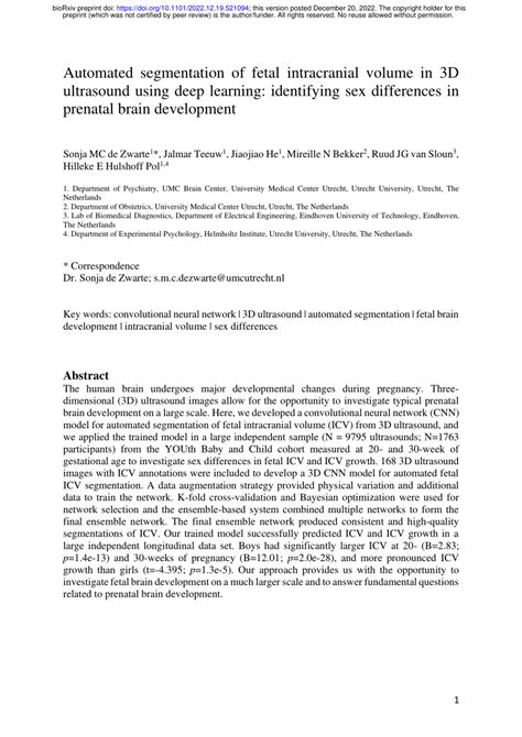 pdf automated segmentation of fetal intracranial volume in 3d ultrasound using deep learning