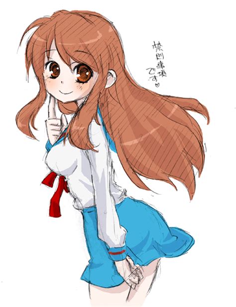 Safebooru 1girl Asahina Mikuru Breasts Brown Hair Female Kamoi Hayato Long Hair Pointing Red