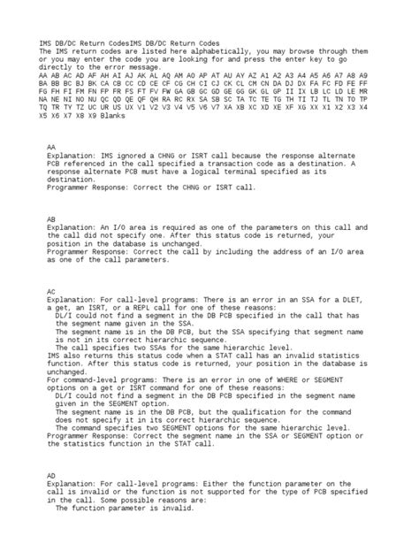 a comprehensive listing of ims db dc return codes with descriptions pdf parameter computer