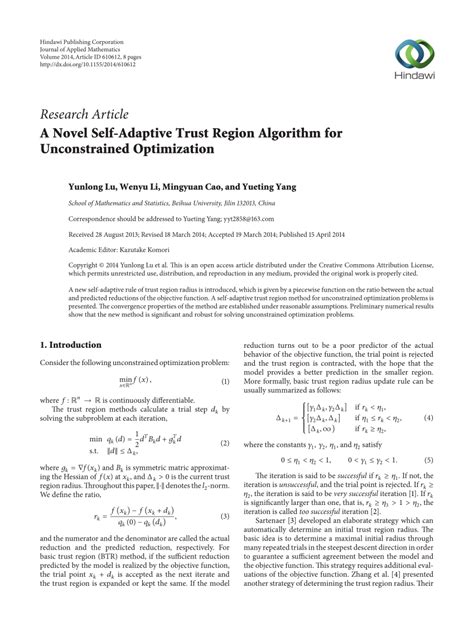 pdf a novel self adaptive trust region algorithm for unconstrained optimization