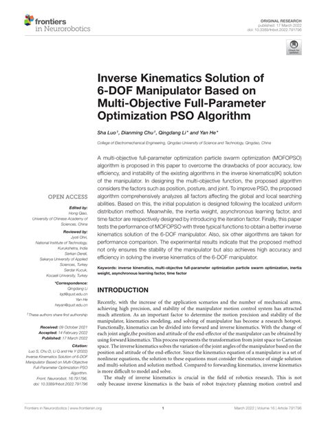 pdf inverse kinematics solution of 6 dof manipulator based on multi objective full parameter