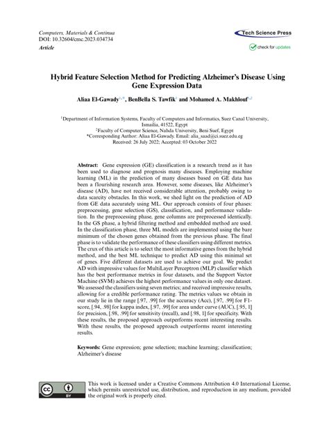 pdf hybrid feature selection method for predicting alzheimer s disease using gene expression data