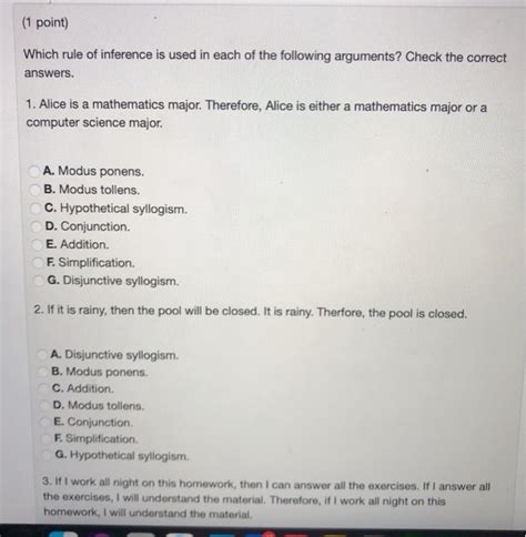 solved 1 point which rule of inference is used in each of
