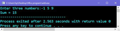 program in c and c to calculate sum of three numbers using function