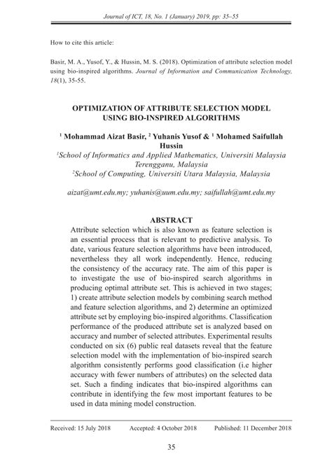 pdf optimization of attribute selection model using bio inspired algorithms