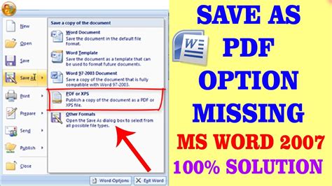 save as pdf file option missing in ms word 2007 pdf not show in ms word youtube