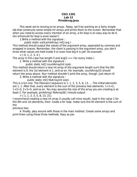 print array java lab 12 introduction to computing and programming csci 1301 docsity