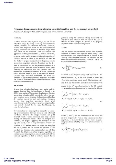 pdf frequency domain reverse time migration using the logarithm and the l 1 norm of a wavefield