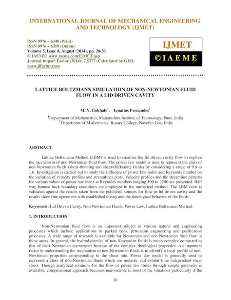 pdf lattice boltzmann simulation of non newtonian fluid flow in a lid driven cavity pdfslide