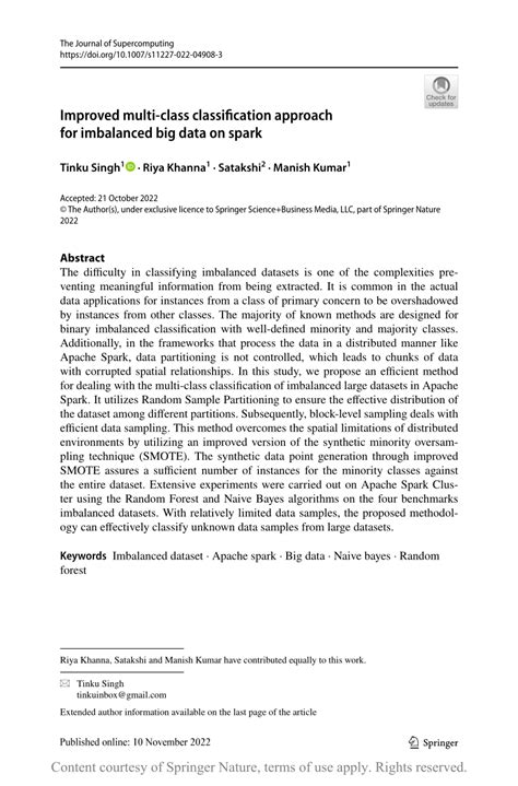 improved multi class classification approach for imbalanced big data on spark request pdf