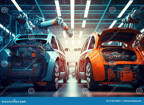 Car Factory Assembly Line With Automatic Robotic Arms Working