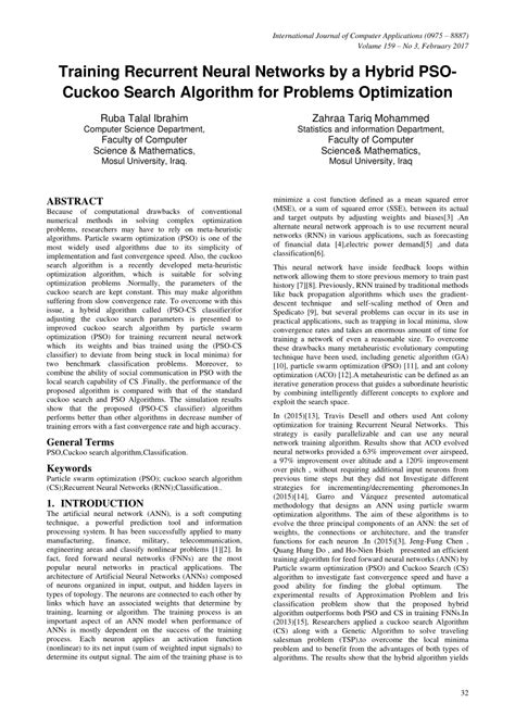pdf training recurrent neural networks by a hybrid pso cuckoo search algorithm for problems
