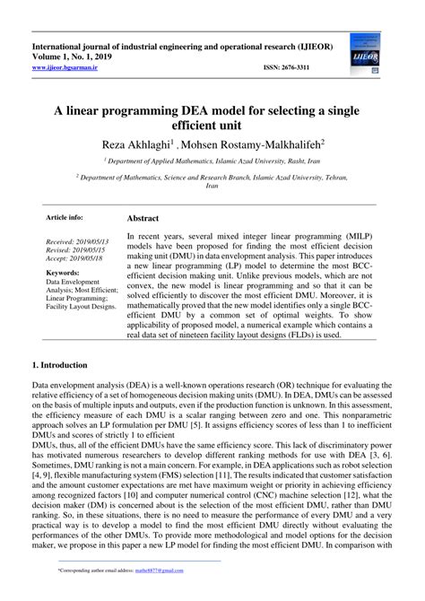 pdf a linear programming dea model for selecting a single efficient unit
