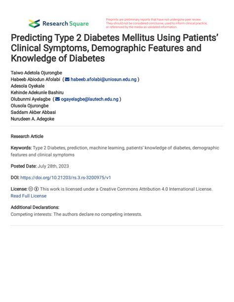 pdf predicting type 2 diabetes mellitus using patients clinical symptoms demographic