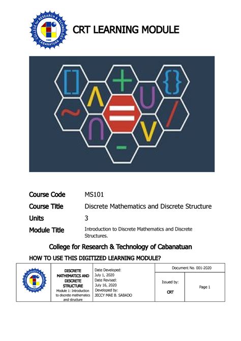 lm discrete math week 1 crt learning module course code ms course title discrete mathematics