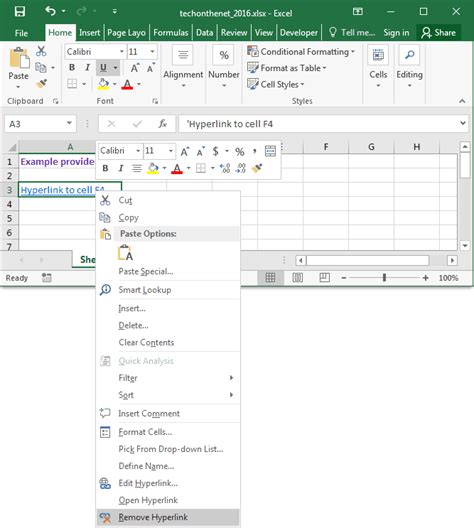MS Excel 2016 Delete A Hyperlink From A Cell