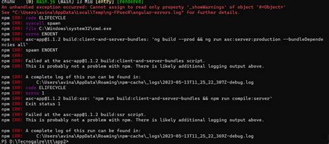 node js an unhandled exception occurred cannot assign to read only property showwarnings