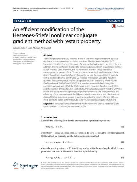 pdf an efficient modification of the hestenes stiefel nonlinear conjugate gradient method with