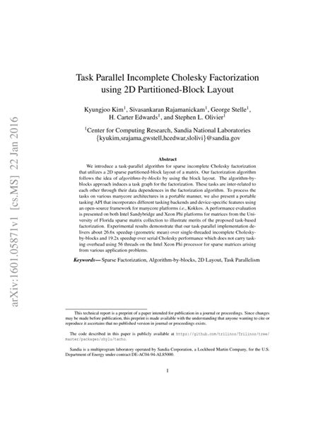 task parallel incomplete cholesky factorization using 2d partitioned block layout deepai