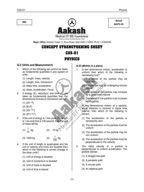 concept strengthening sheet css 01 physics rm based aiats 01 pdf mitosis acceleration