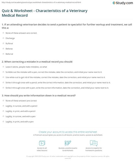 Quiz Worksheet Characteristics Of A Veterinary Medical Record