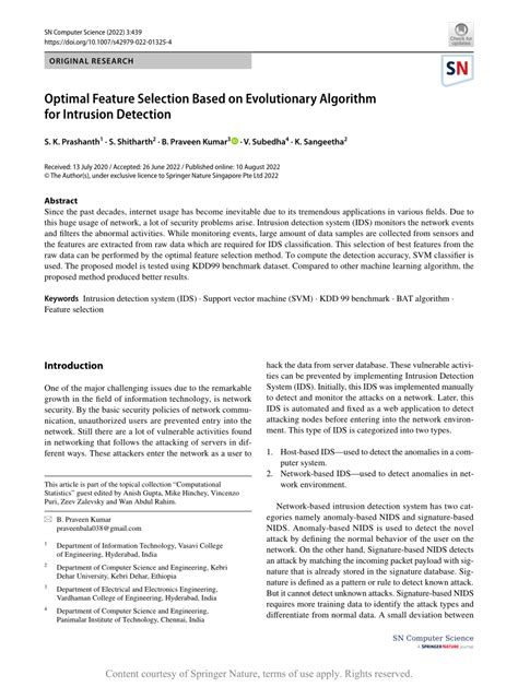 optimal feature selection based on evolutionary algorithm for intrusion detection request pdf
