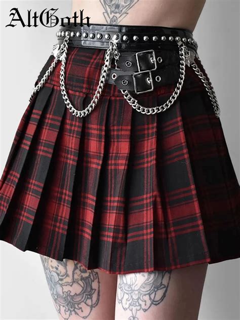 Altgoth Mall Gothic Plaid Pleated Skirt Women Punk Harajuku Streetwear High Waist Zipper Mini