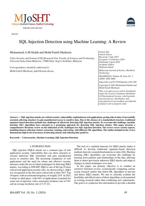 pdf sql injection detection using machine learning a review