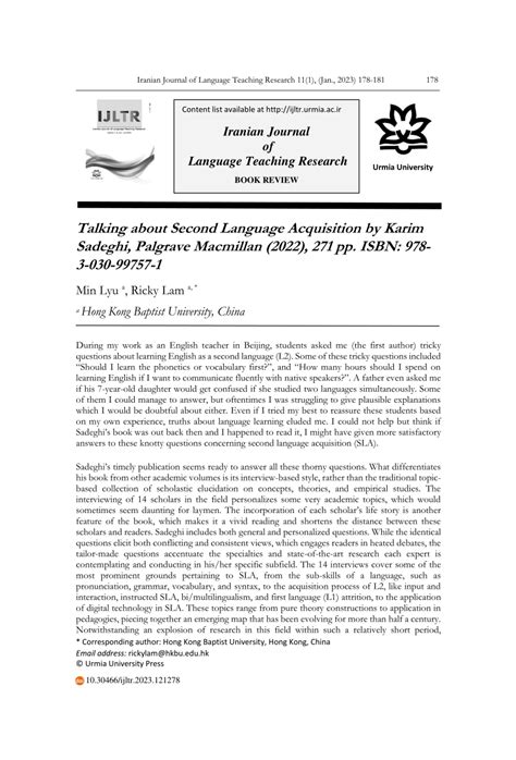 pdf [review of the book talking about second language acquisition by k sadeghi] iranian