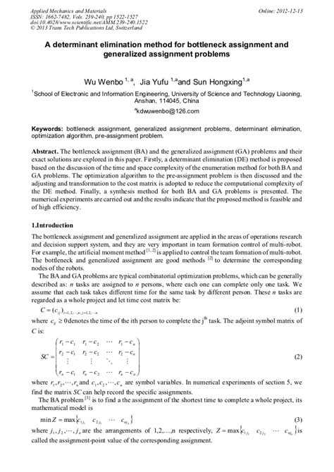 a determinant elimination method for bottleneck assignment and generalized assignment problems