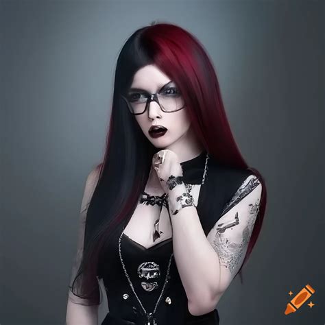 Portrait Of A Pale Green Eyed Goth Girl With Long Red Black Hair And Glasses On Craiyon