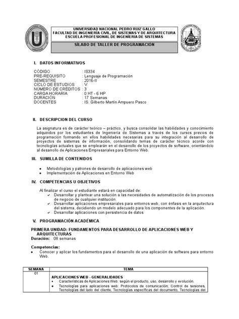 silabo taller de programacion unprg pdf aplicación web modelo vista controlador