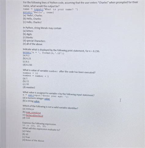 solved for the following lines of python code assuming that