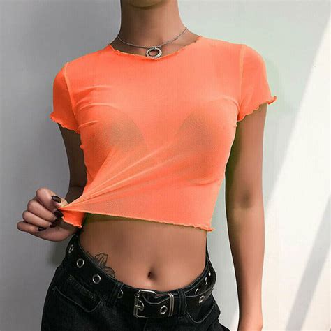 Tunique T Shirt Pull Crop Top Tees Mesh Sheer See Through Mujeres Sexy Blusa Ebay