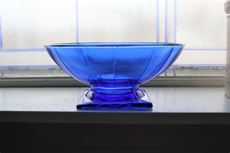 Vintage Art Deco Cobalt Blue Glass Ribbed Pedestal Bowl